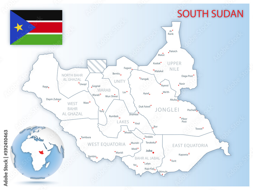 Detailed South Sudan administrative map with country flag and location ...