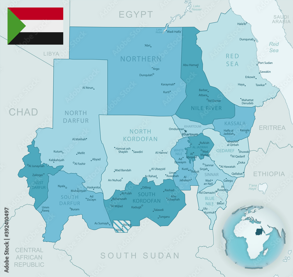 Blue-green detailed map of Sudan administrative divisions with country ...