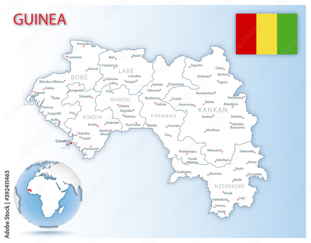 Detailed Guinea administrative map with country flag and location on a ...