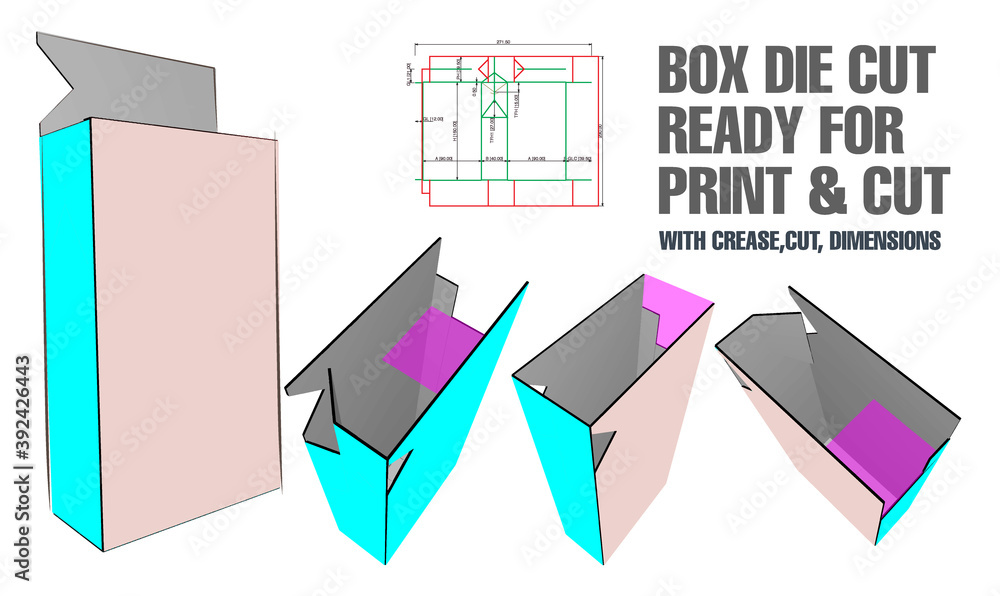 Box Die Cut Cube Template with 3D Preview organised with cut, crease ...