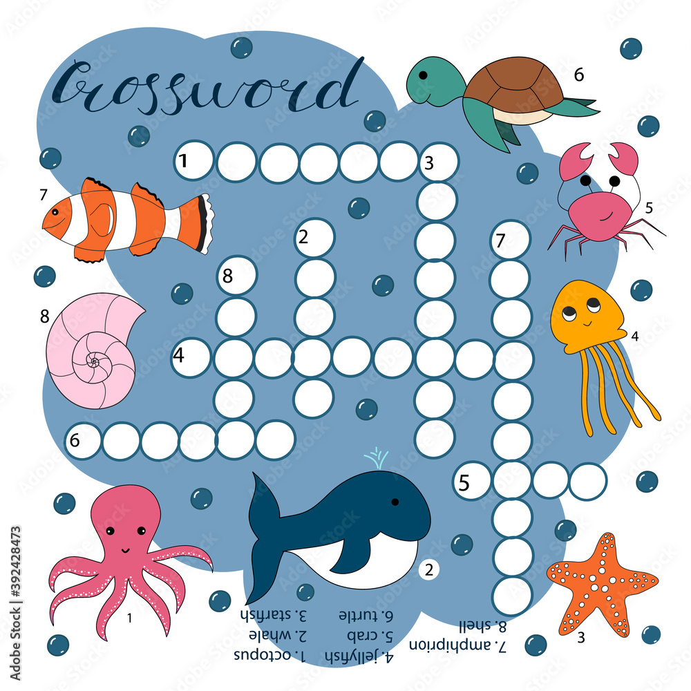 Crosswords puzzle game of underwater animals for preschool kids ...