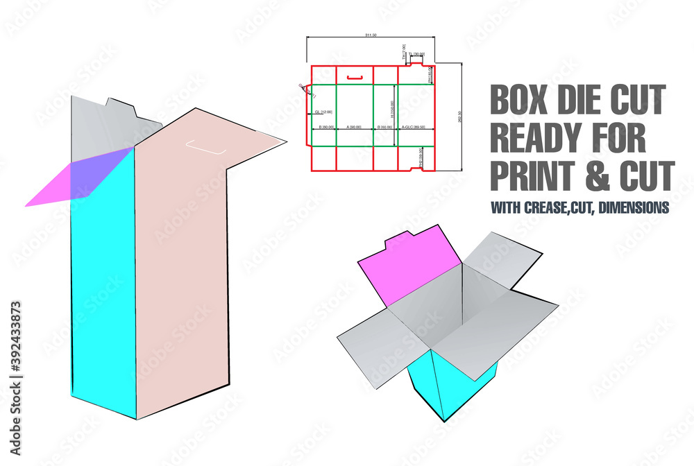Box Die Cut Cube Template with 3D Preview organised with cut, crease ...