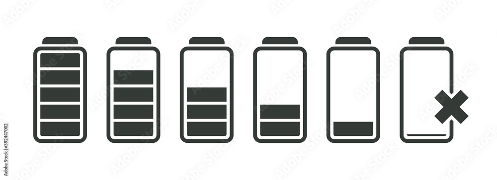Battery charging indicator level icon set. Full, high, low and empty ...