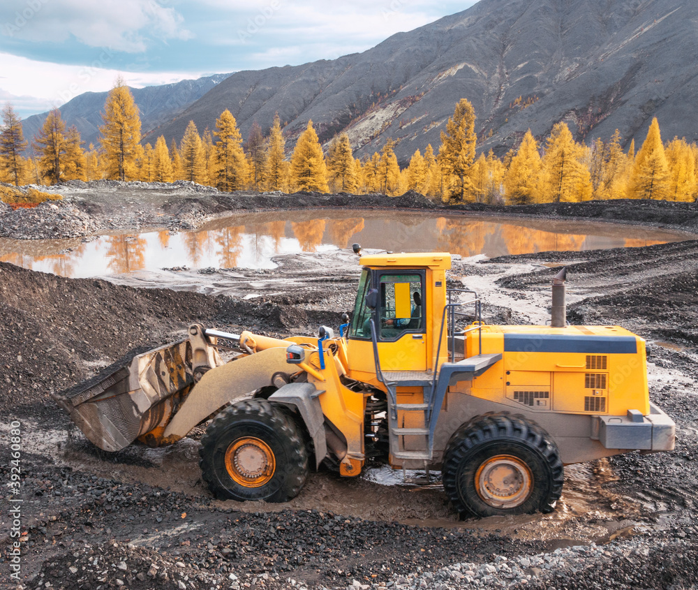 Wheel loader at work. It transports gold-bearing mountain soil to the ...