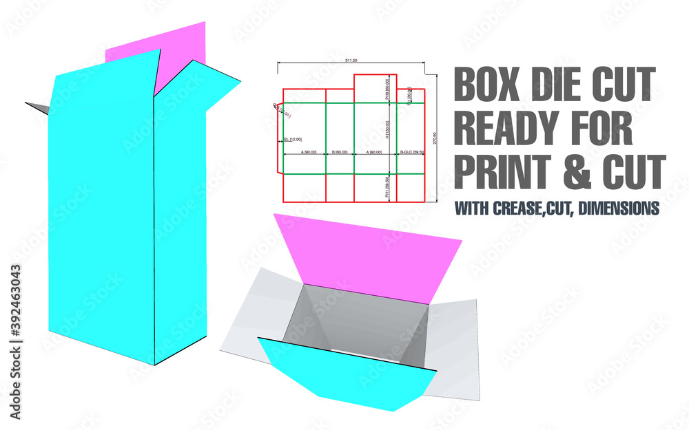 Box Die Cut Cube Template with 3D Preview organised with cut, crease ...