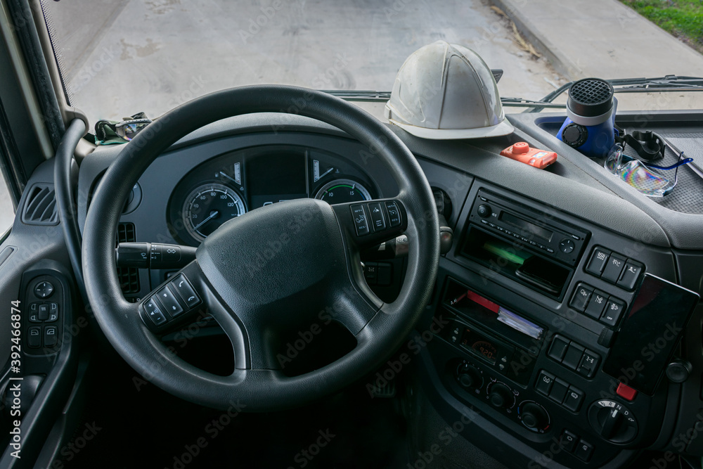 Personal protective equipment in the cabin of a truck that transports ...