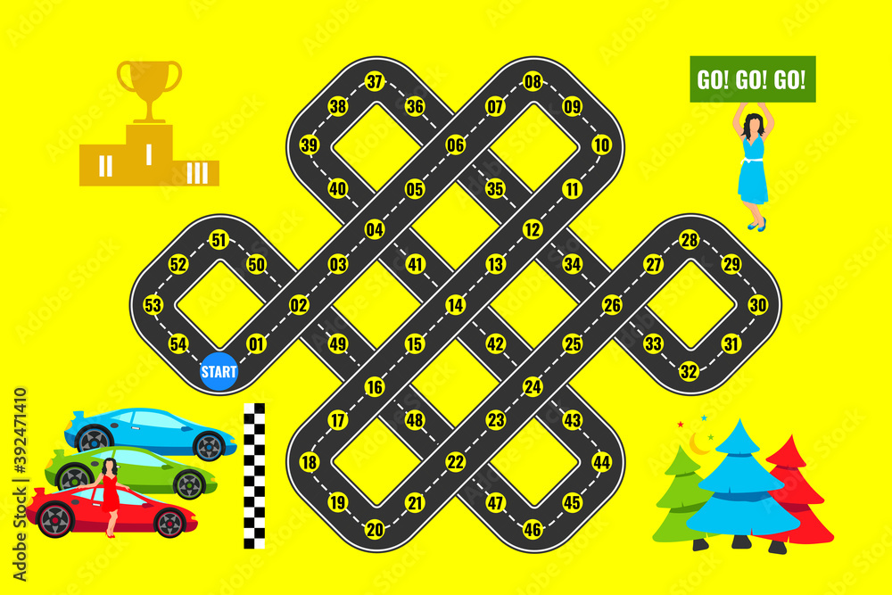 Board game car street racing. Color transport and road on yellow ...