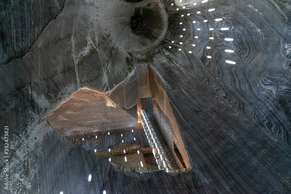 SALINA TURDA, ROMANIA - AUGUST 4, 2018: Terezia conical mine with 90m ...