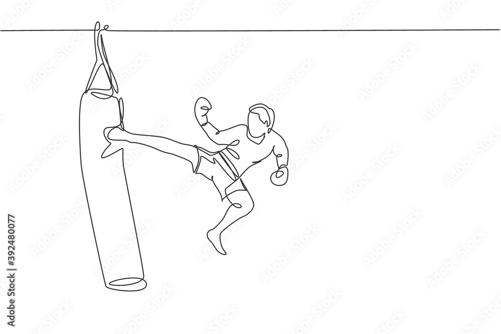 One single line drawing of young energetic man kickboxer practice jump ...