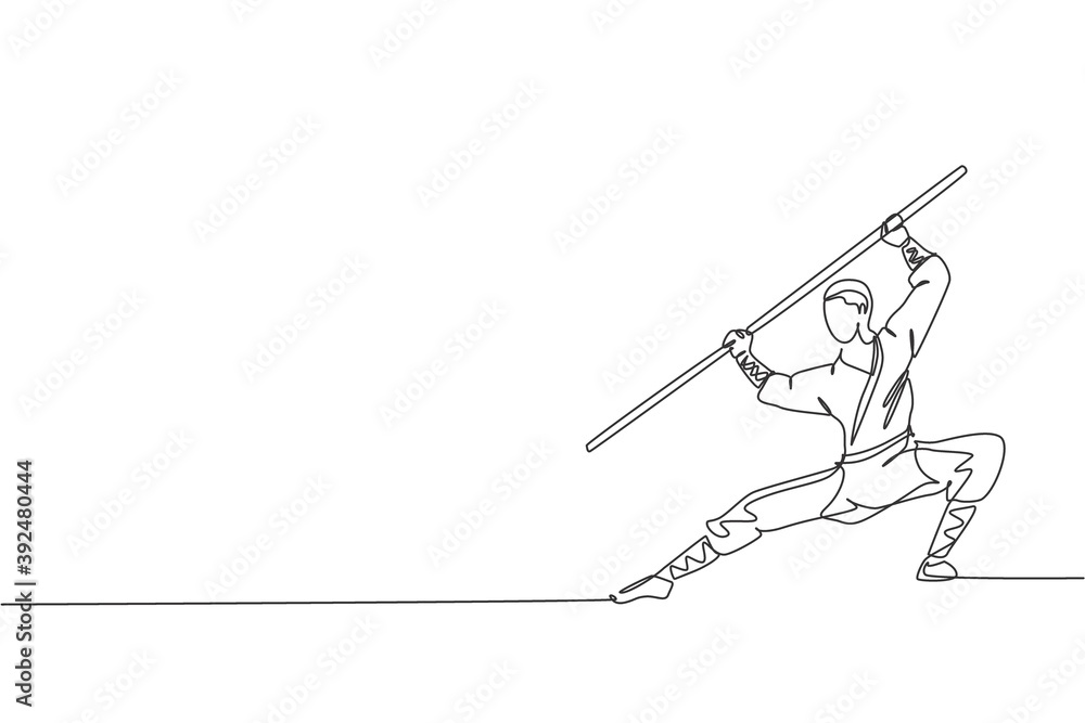 One continuous line drawing young shaolin monk man practice kung fu ...