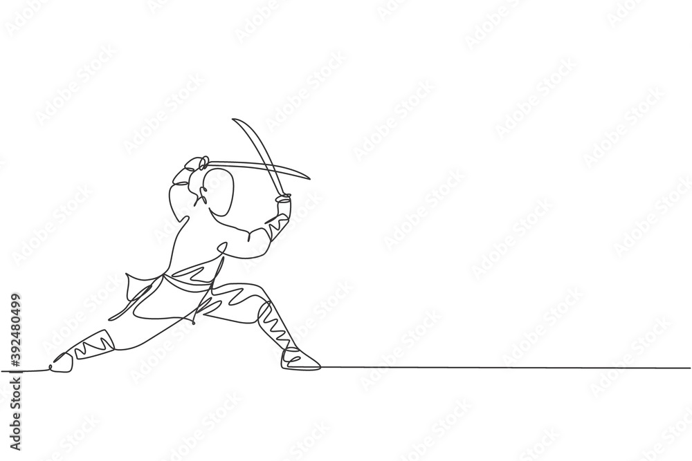 Single continuous line drawing of young muscular shaolin monk man ...