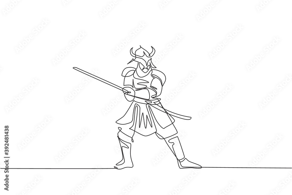 One continuous line drawing of young bravery samurai shogun wearing ...