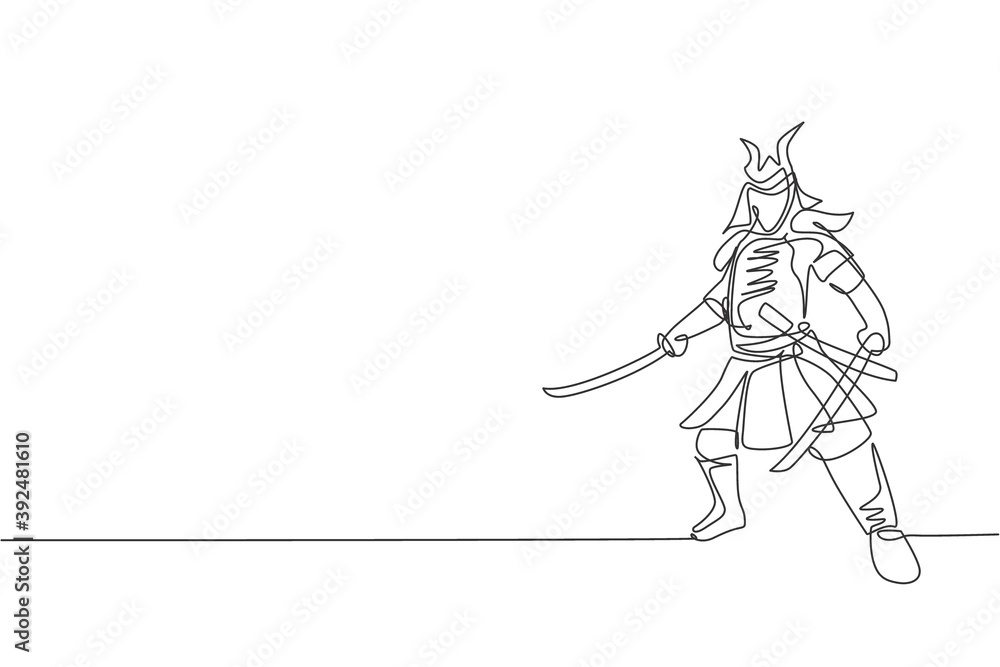 Single continuous line drawing of young strong samurai shogun wearing ...