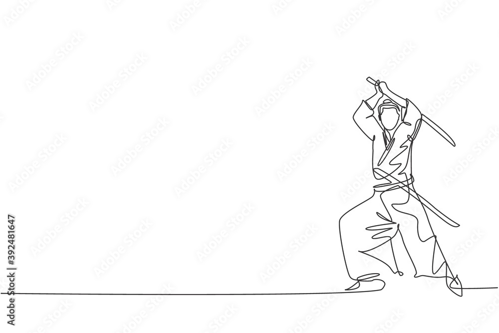 One single line drawing of young Japanese samurai warrior holding ...
