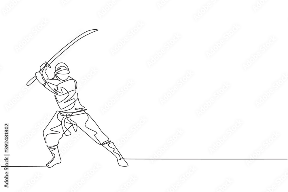 One single line drawing of young energetic Japanese traditional ninja ...