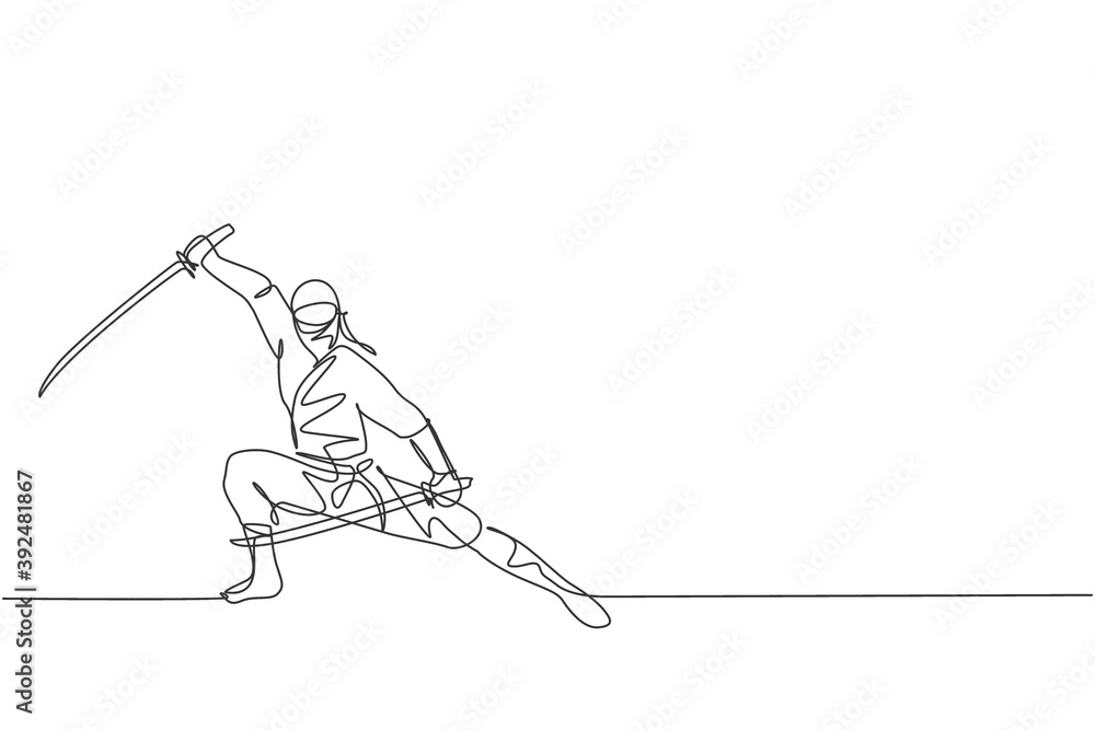 One continuous line drawing of young brave Japanese ninja character on ...