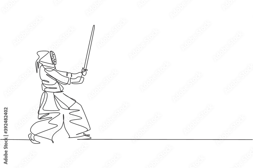 One single line drawing young energetic man exercise defense kendo ...