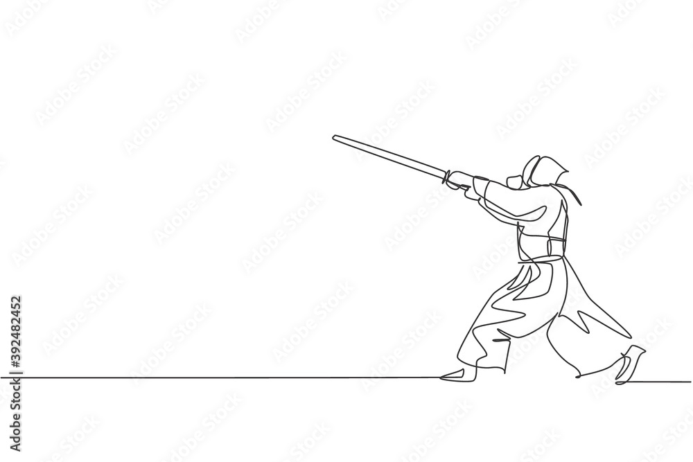 One single line drawing energetic man exercise attack skill on kendo ...