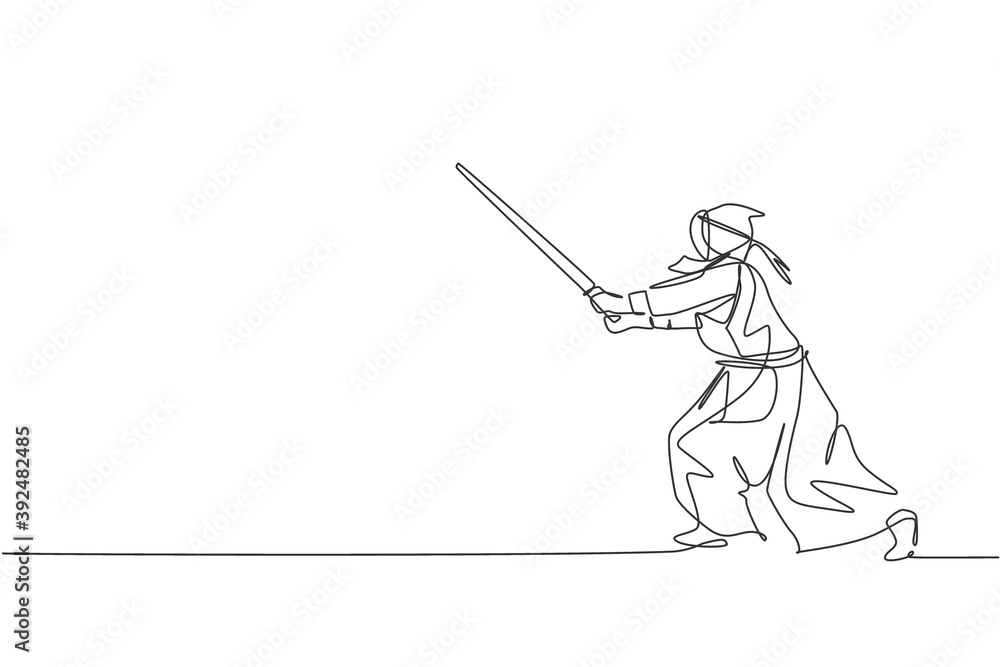 One continuous line drawing young sporty man training kendo defense ...