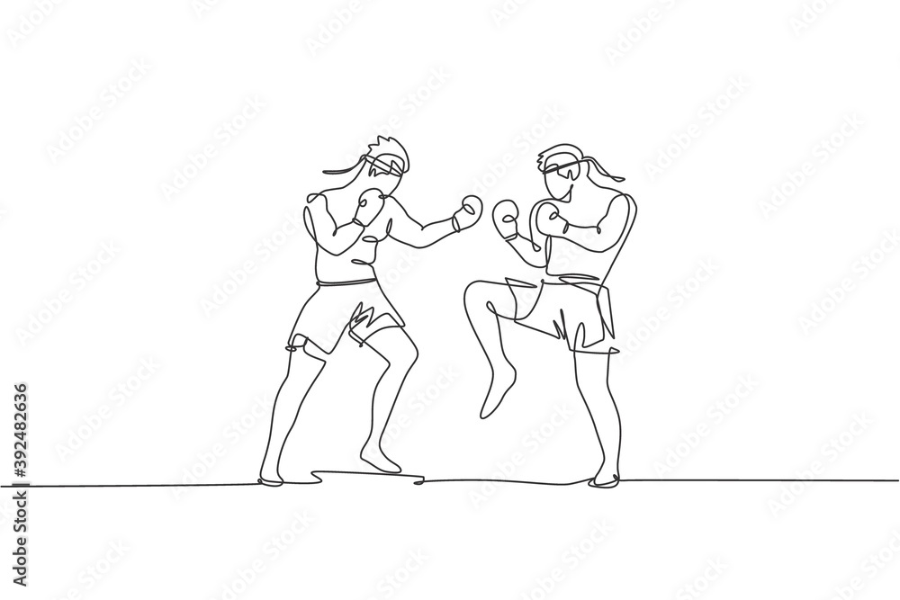 One single line drawing of two young energetic muay thai fighter men ...