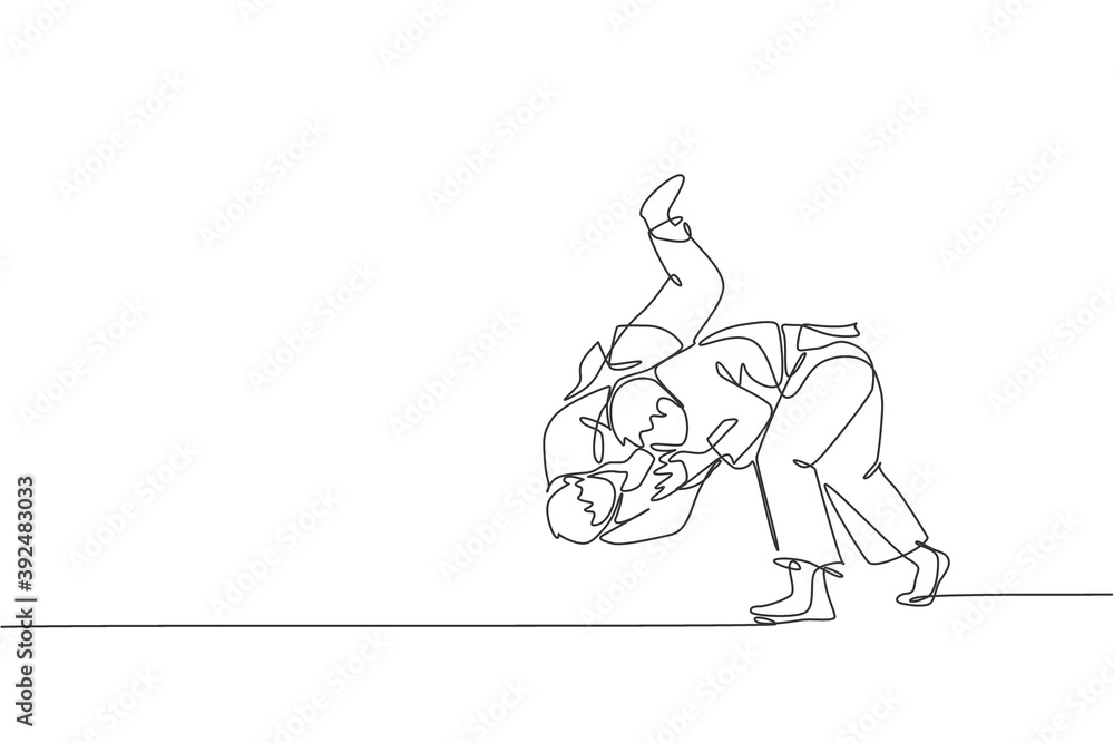 One single line drawing of two young energetic judokas fighter men ...