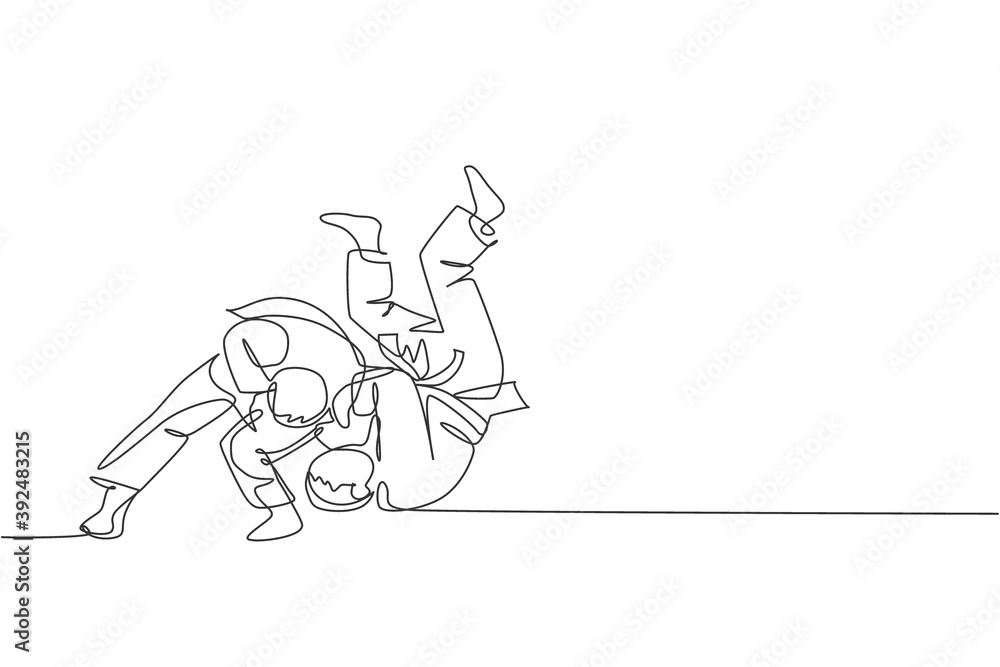 Single continuous line drawing of two young sportive judoka fighter men ...