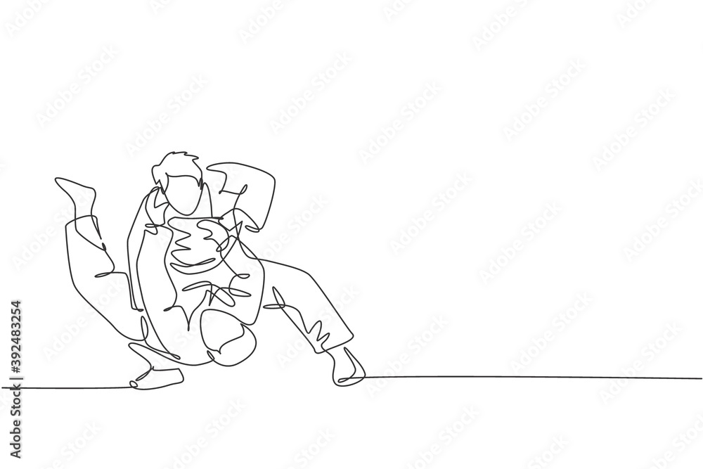 One continuous line drawing of two young sporty men focus training judo ...