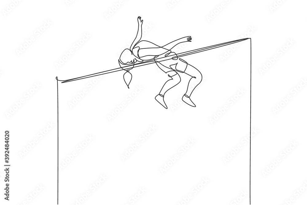 One single line drawing of young energetic woman exercise jump high to ...