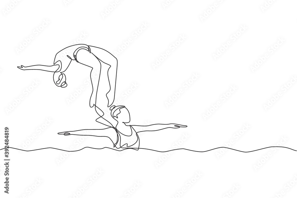 One single line drawing of young beauty women swimmer performing ...