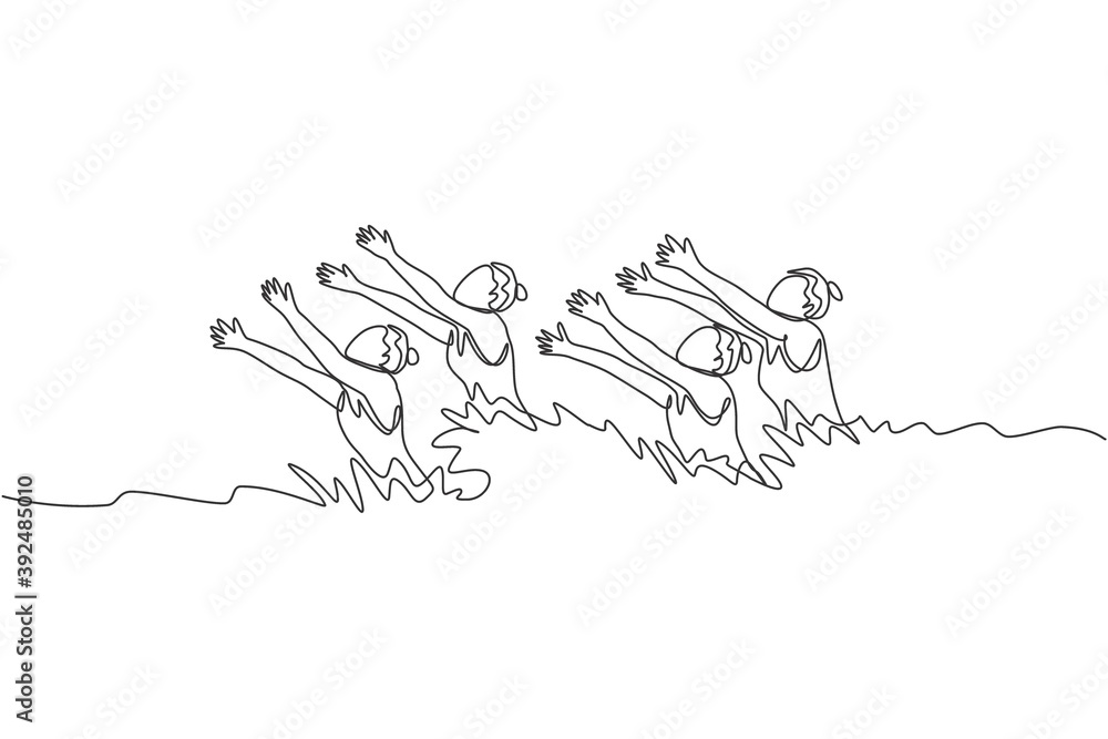 One single line drawing of young beauty women swimmer performing ...