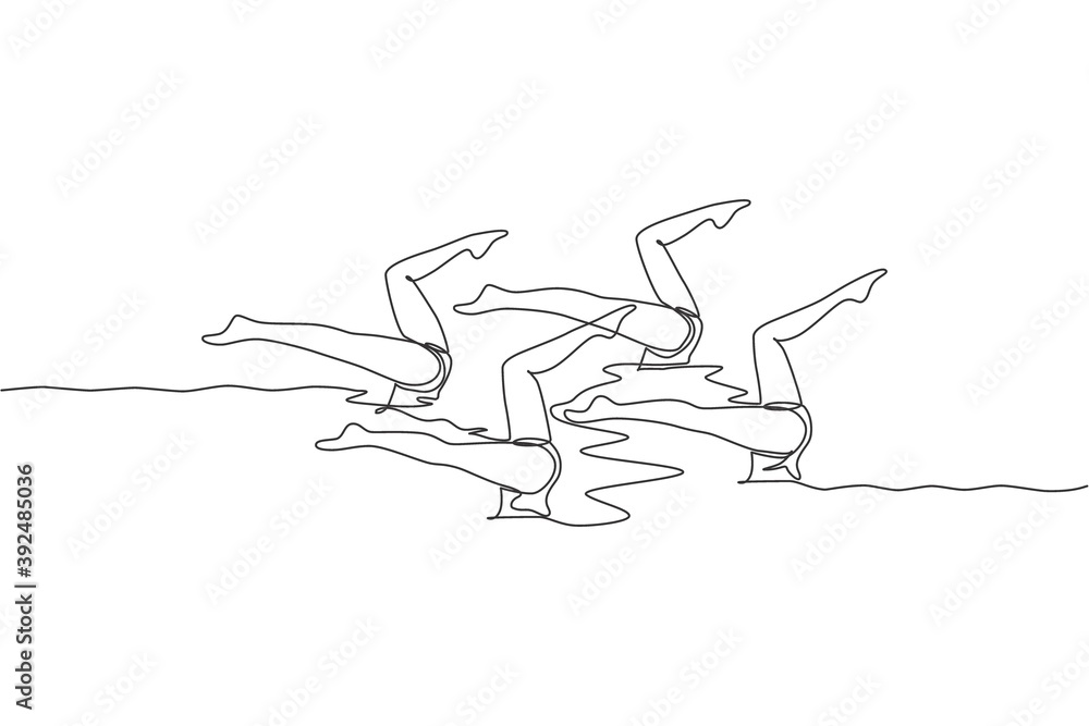 One single line drawing of young beauty women synchronized swimmer ...
