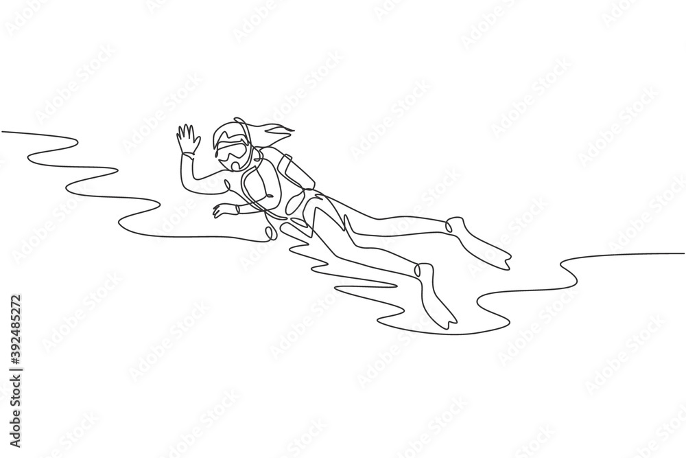 One single line drawing of young energetic woman waving her hand while ...