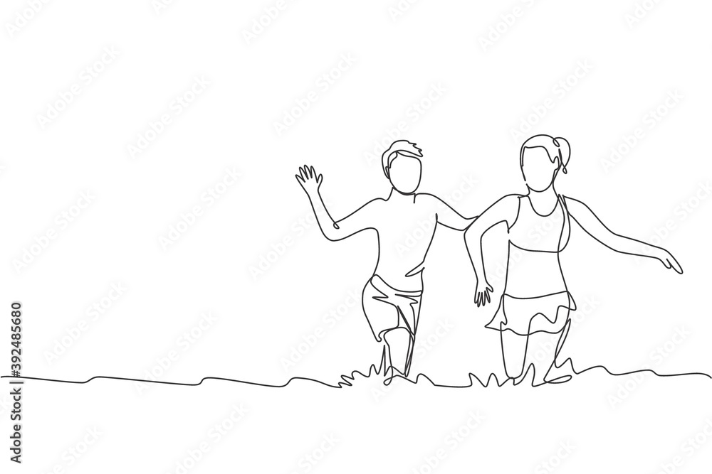 Single continuous line drawing of young happy boy and girl, brother and ...