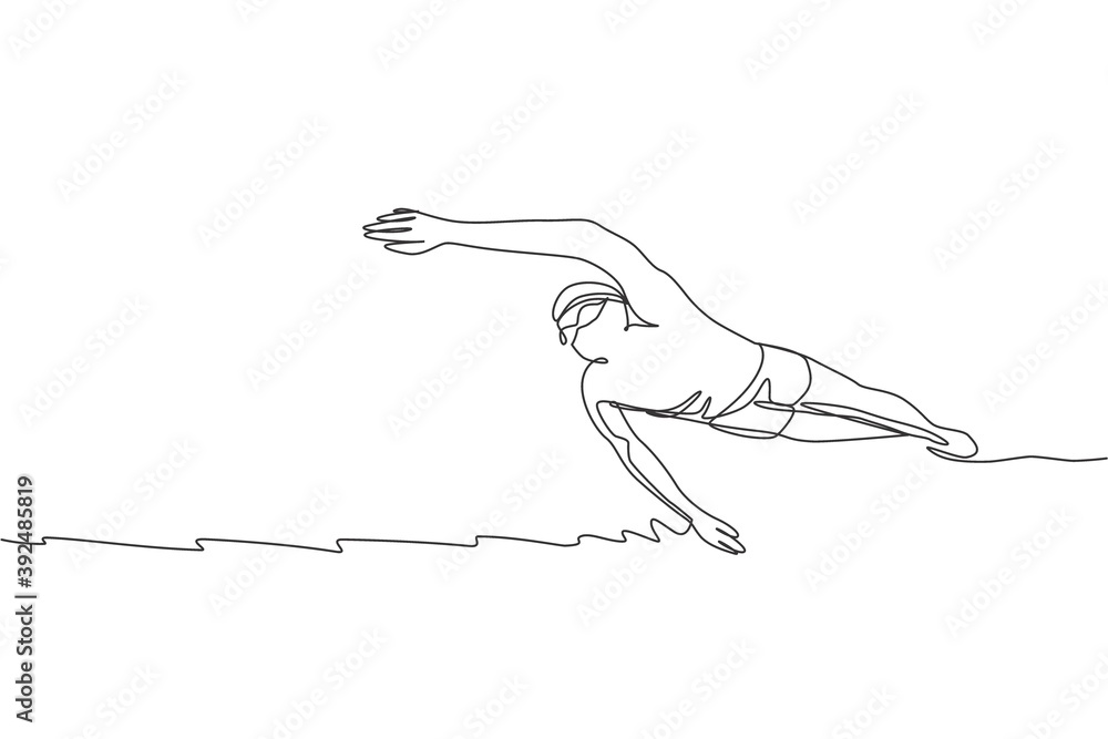 One continuous line drawing of young muscular professional swimmer man ...
