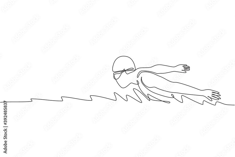 One continuous line drawing of young muscular professional swimmer ...