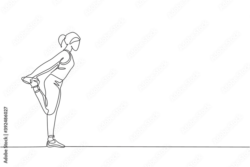 One single line drawing of young energetic woman exercise stretching ...