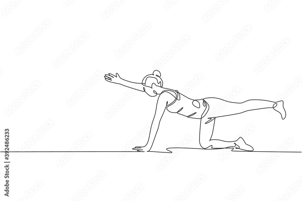 Vecteur Stock One continuous line drawing of young sporty woman working ...