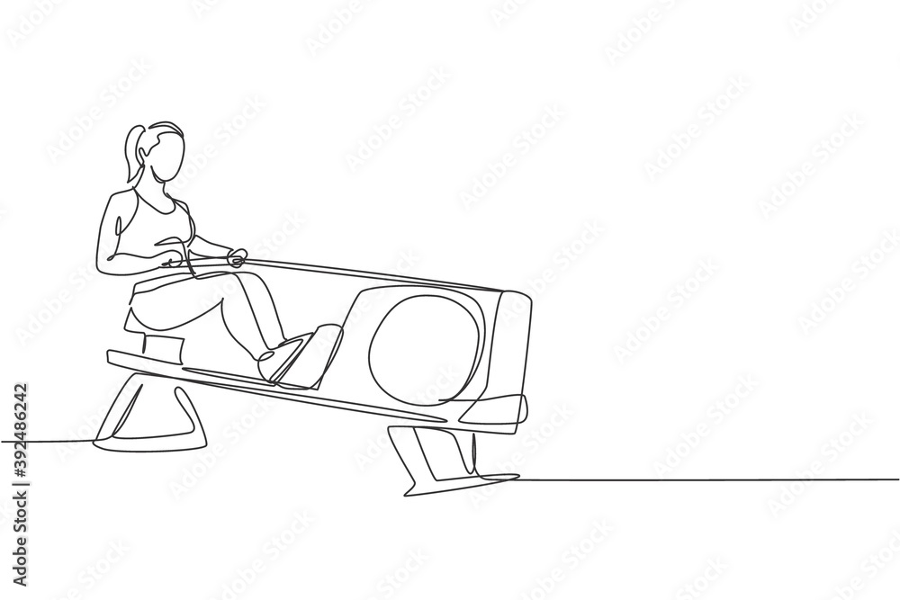 One continuous line drawing of young sporty woman working out with ...