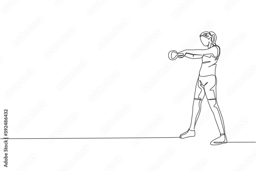 One continuous line drawing of young sporty woman working out lifting ...