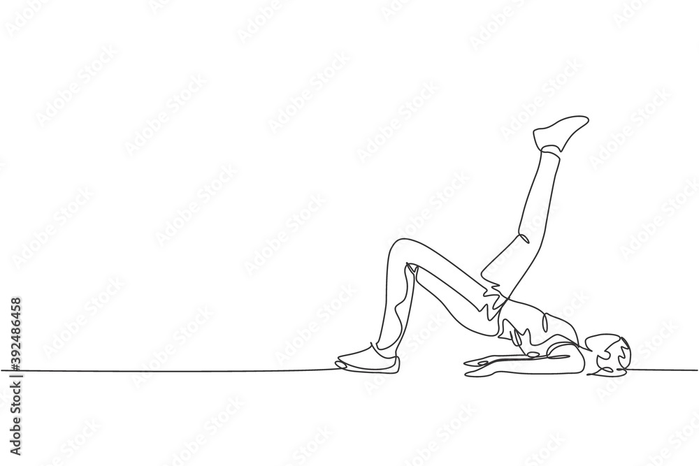 One single line drawing of young energetic woman exercise lying and ...