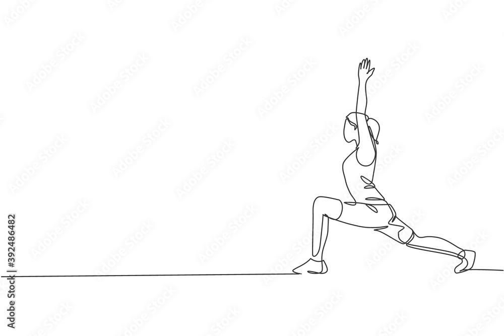 Single continuous line drawing of young sportive woman training low ...