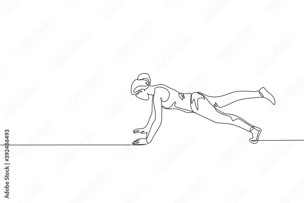 One single line drawing of young energetic woman exercise pilates push ...