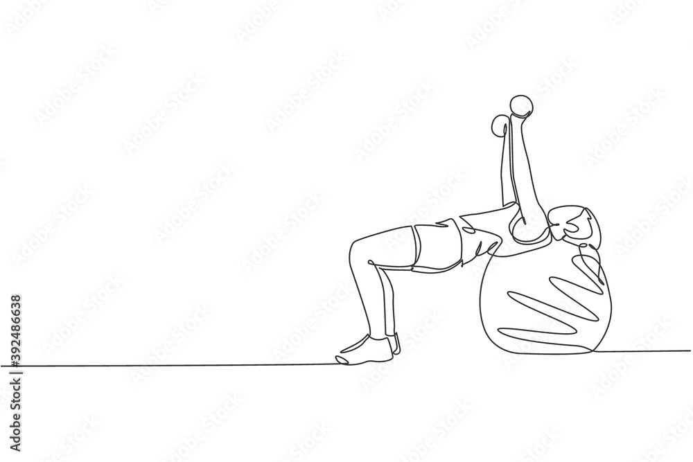 One single line drawing of young energetic woman exercise with fitness ...