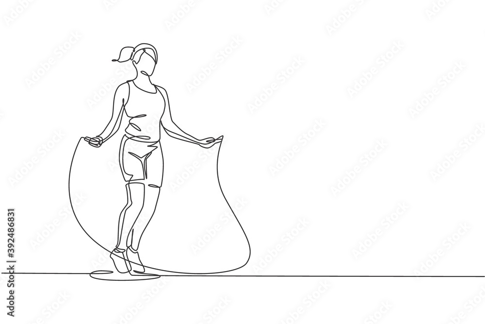 Single continuous line drawing young sportive woman train jumping with ...