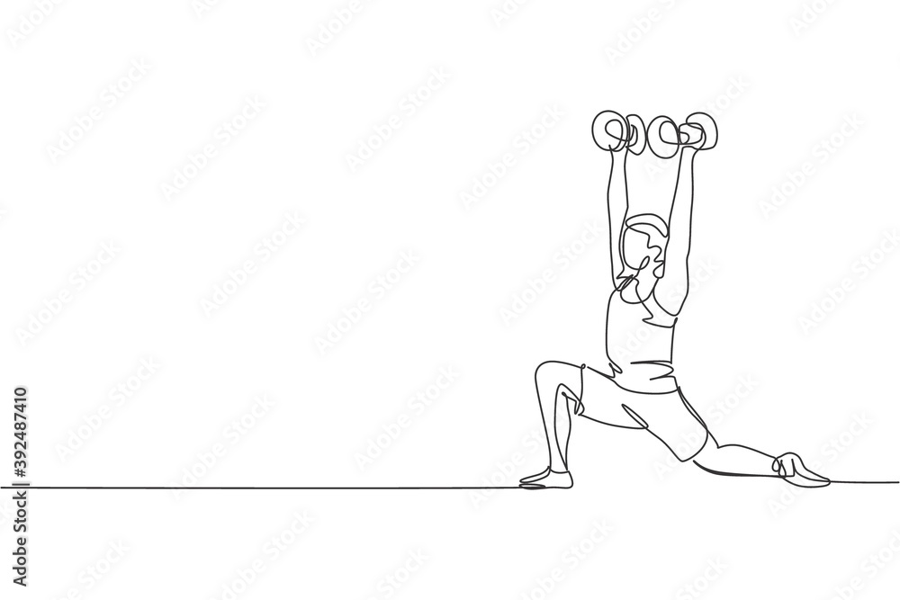 One single line drawing young energetic man working out doing low lunge ...