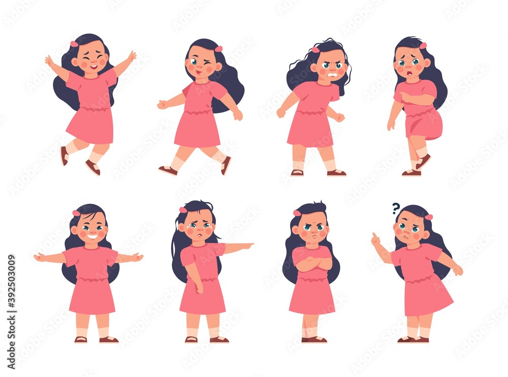 Girl expressions. Cartoon kid character with different types of ...