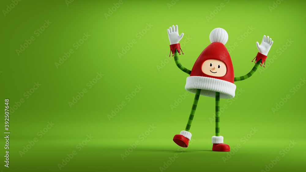3d render. Cute little santa helper dance, hands up. Christmas toy clip ...