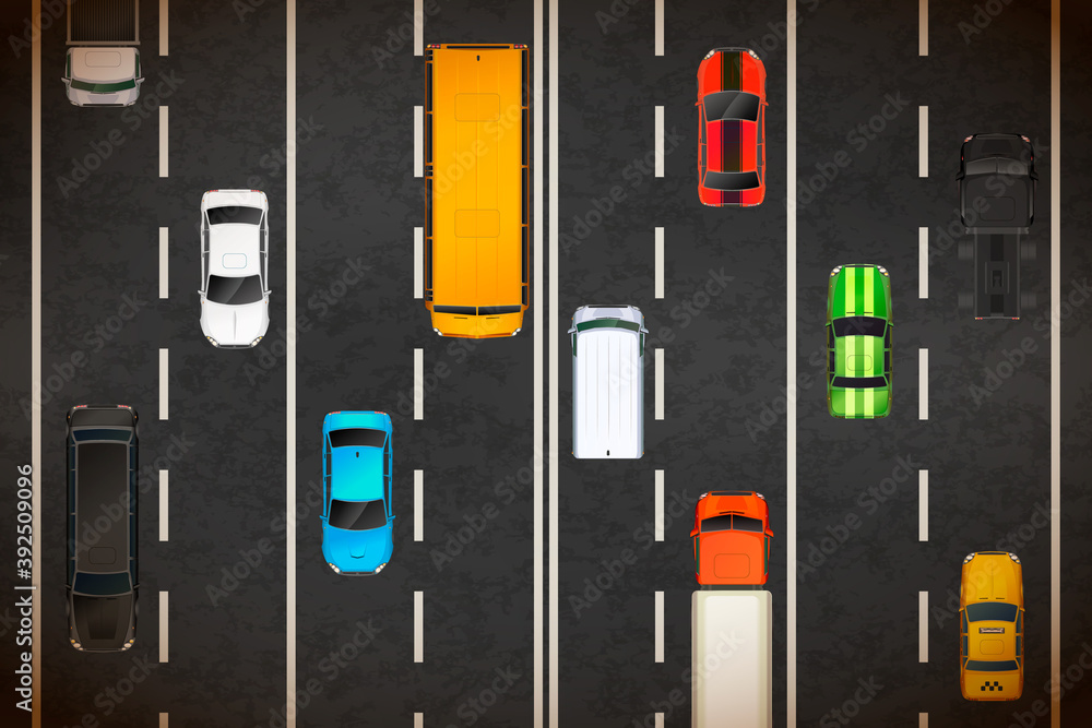 Top view of traffic jam with lots of realistic cars on highway ...