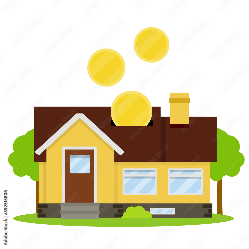 Small house. Suburban one-storey building with lawn and trees. Town and ...
