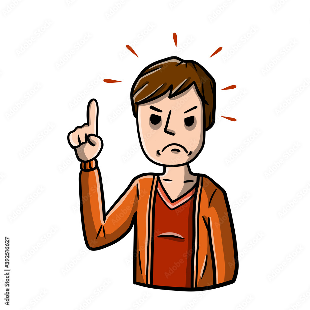 Stern man points with his finger. Negative emotion guy. Note and remark ...